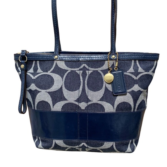 Coach | Bags | Coach Denim Blue Signature Stripe Sis Zip Top Tote 2546 ...